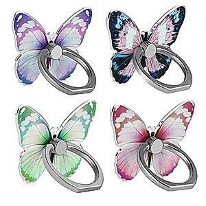 Fwaytech 4Pack Phone Ring Holder Cute 360 Rotation Metal Aluminum Finger Ring Socket Grip Kickstand Compatible for iPhone Samsung LG and Other Smartphones (Butterfly)
