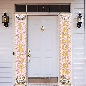 Pink First Communion Decorations Confirmation Porch Banner Baptism Front Porch Sign Christening 1st Communion Decoration and Supplies for Girls-12×71''