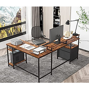 Furologee 66" L Shaped Computer Desk with Shelves, Corner Gaming Desk with File Drawer and Dual Monitor Stand, Large Home Office Desk Writing Study Table Workstation, Rustic Brown
