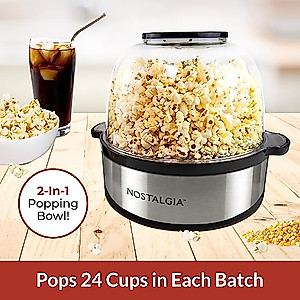 Nostalgia 6-Quart Stirring Popcorn Popper With Quick-Heat Technology, Makes 24 Cups of Popcorn, Kernel Measuring Cup, Oil Free, Makes Roasted Nuts, Perfect for Birthday Parties, Stainless