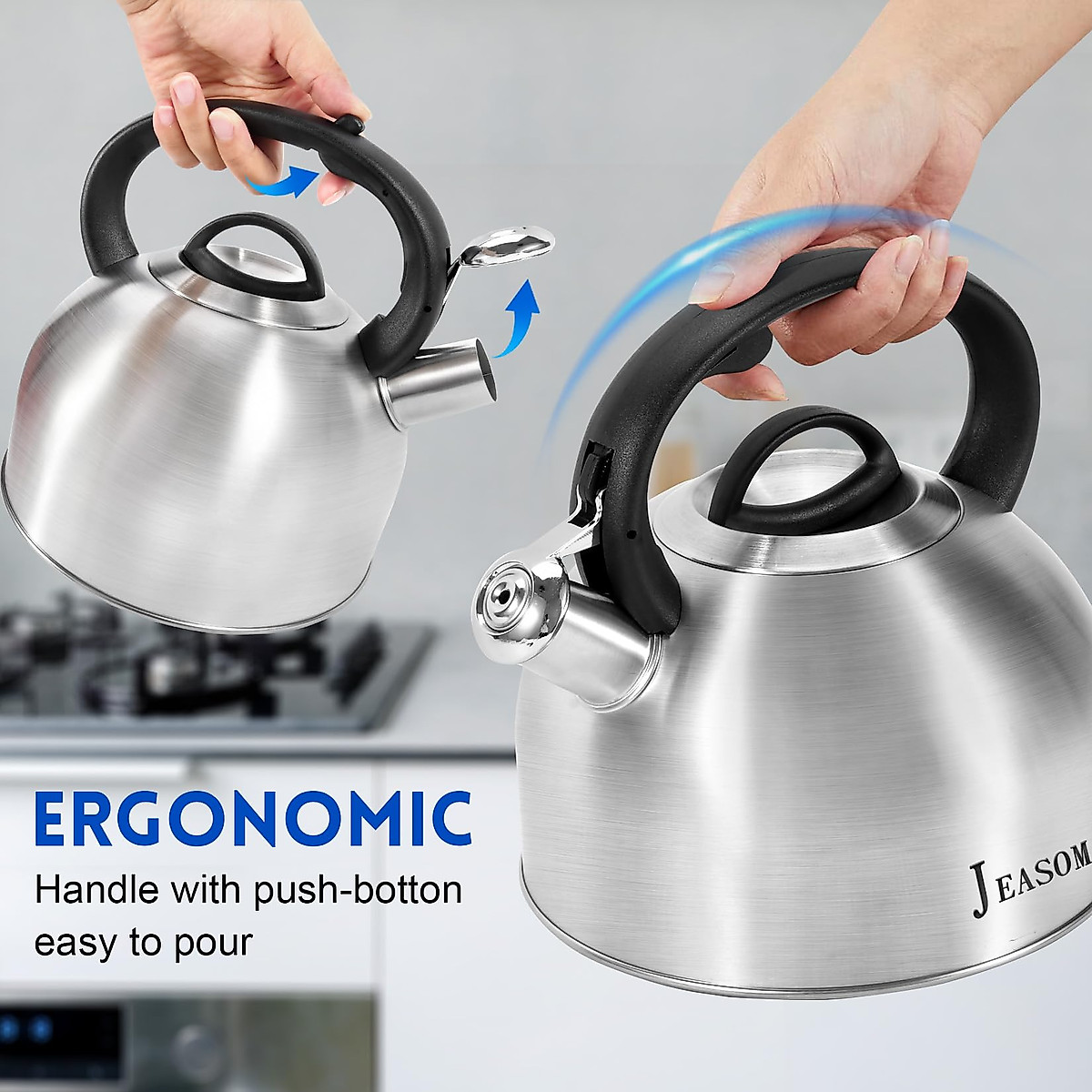 Jeasom Tea Kettle Stovetop - Food Grade Stainless Steel Whistling Tea Pot with Ergonomic Handle, Unique Button Control Kettle Outlet, Can Be Used in the Kitchen or Camping, 3.1 Q/3L