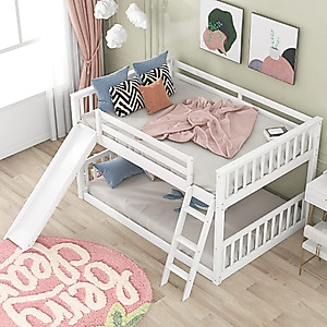Harper & Bright Designs Kids Floor Bunk Beds, Full Over Full Bunk Bed with Convertible Slide and Ladder, Wooden Low Bunk Bed Frame for Kids, Toddlers, Teens, No Box Spring Needed (Full, White)