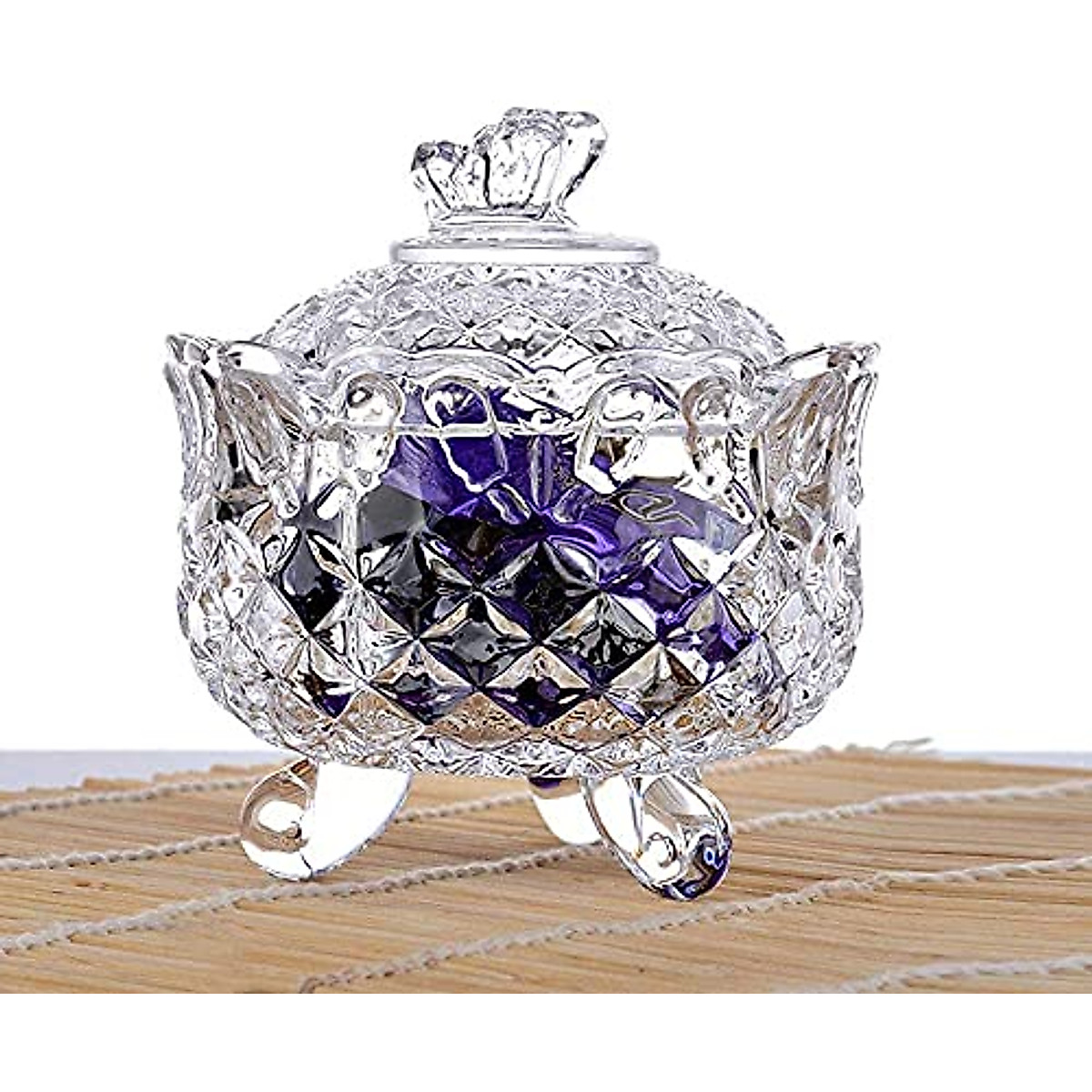 Crystal Candy Dish Small Glass Jar Set with lid Sugar Bowl Cookie Jar Jewelry Dish Container for Home Kitchen Office Bathroom 3 Pcs