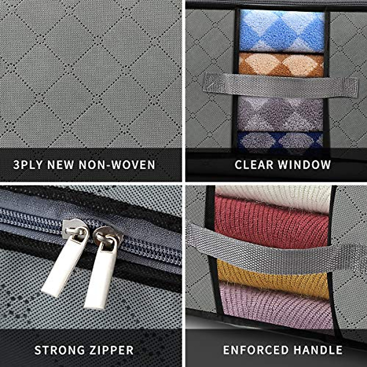 Lesteco Extra-Large Under Bed Storage Foldable Container [4-pack] Underbed Storage Bins with Strong Handle and Metal Zipper Clear Window Thick Fabric Grey Color