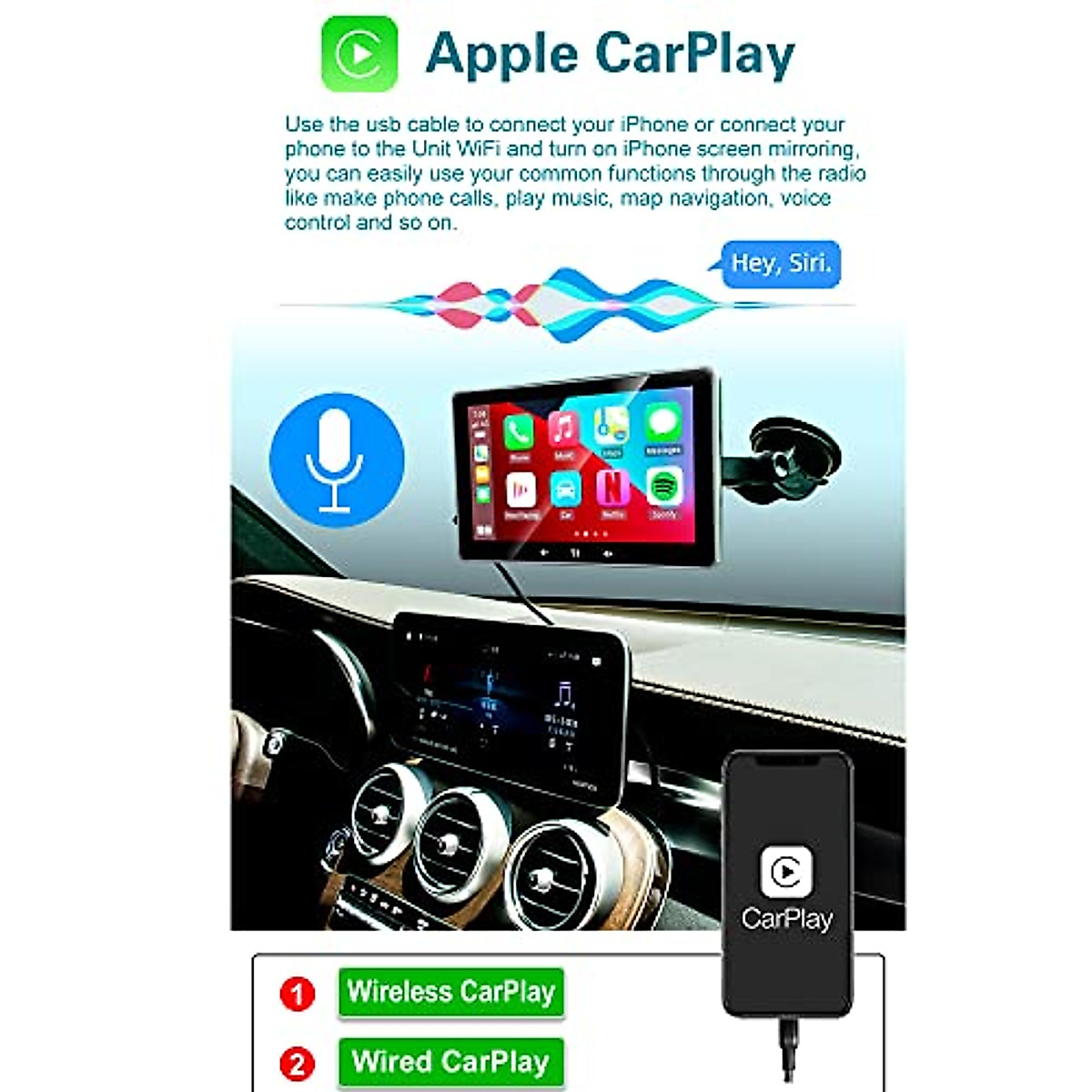 Polarlander 7 Inch Touchscreen Monitor for Wireless Apple Carplayer and Android Auto Built-in Two Speakers Car Stereo Multimedia Player with Bluetooth, Mirror Link, Dash or Windshield Mounted