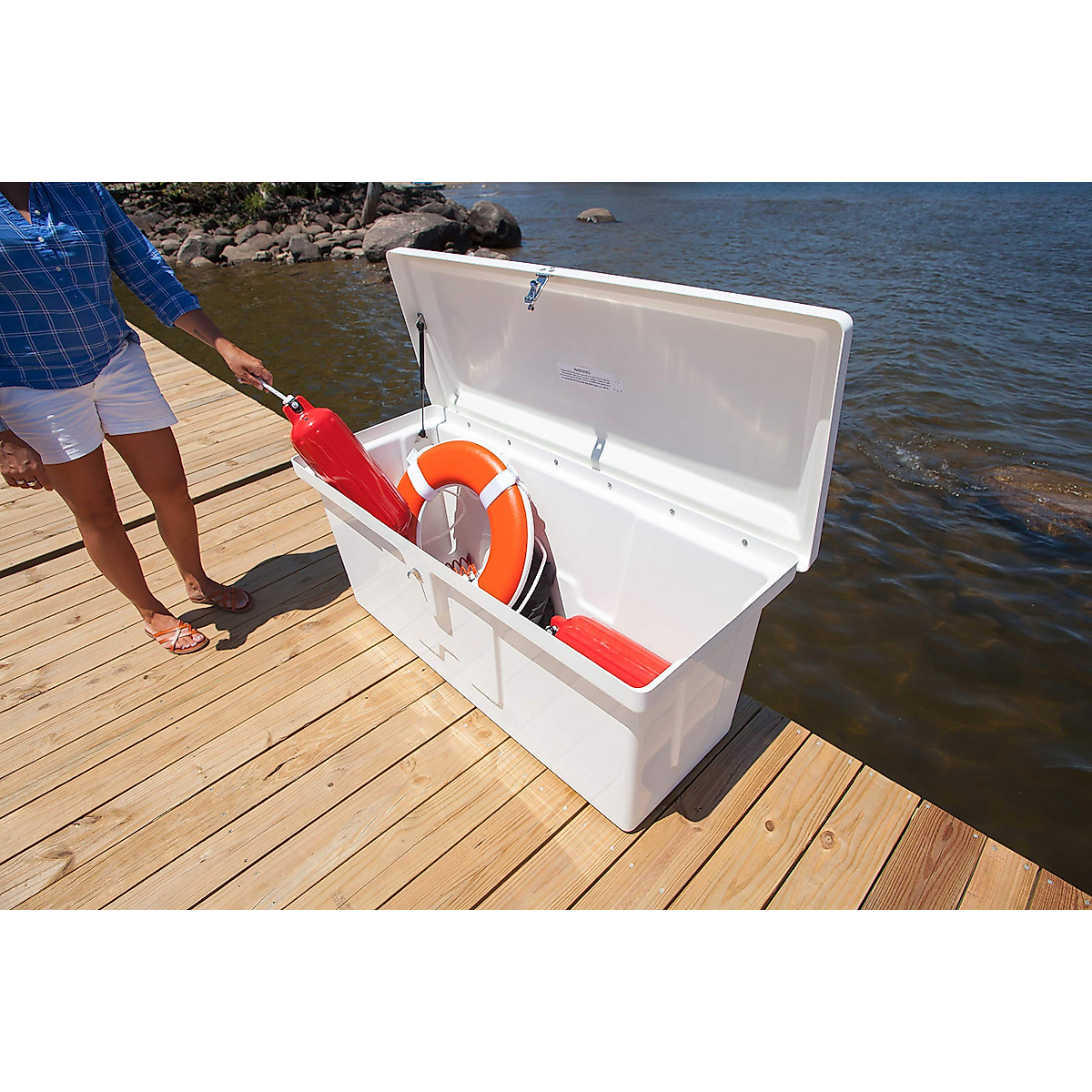 Taylor Made Stow 'N Go Fiberglass Dock Box with Top Seat - Large (29H x 72"W x 29"D) — Durable and Secure Storage for Boat Accessories - UV Gelcoat Finish - Stainless Steel Latch – 2020108645