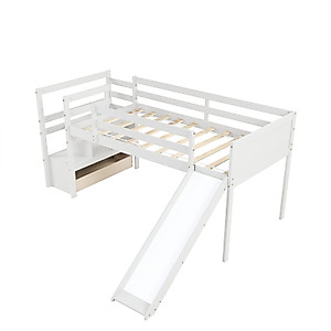 Low Loft Bed with Slide and Stairs Twin Loft Bed with Storage Wood Bed Frame for Kids Teens Girls Boys， White