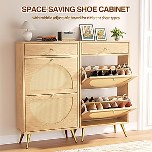 Meilocar Rattan Shoe Cabinet, 2 Flip Door Shoe Storage Cabinet with 1 Drawer Freestanding Slim Shoe Rack Storage Organizer with 3-Tier Adjustable Shelves for Entryway, Closet, Hallway (Natural)