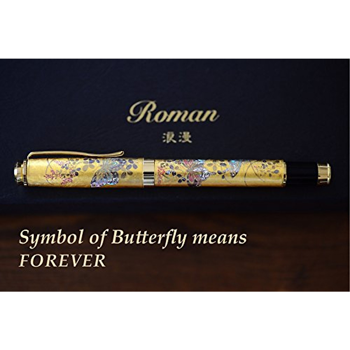 Roman Premium Vintage Fountain Pen Matte Black Ink Luxuary Antique Gold Trim Medium Nib with a Refill -Made in Japan-