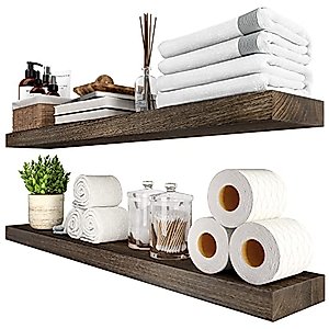 Floating Shelves 36 inches Rustic Natural Wood Shelf for Wall Set of 2 Open Shelving Farmhouse Light Wooden Wall Mounted Shelf Decor for Bathroom, Living Room, Kitchen, Dark Brown (36" W x 5.5"D)