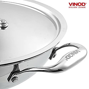 Vinod Platinum Triply Stainless Steel Kadai with Lid: Diameter- 22 cm, Capacity 1.8 Liter (1.9 Quarts)