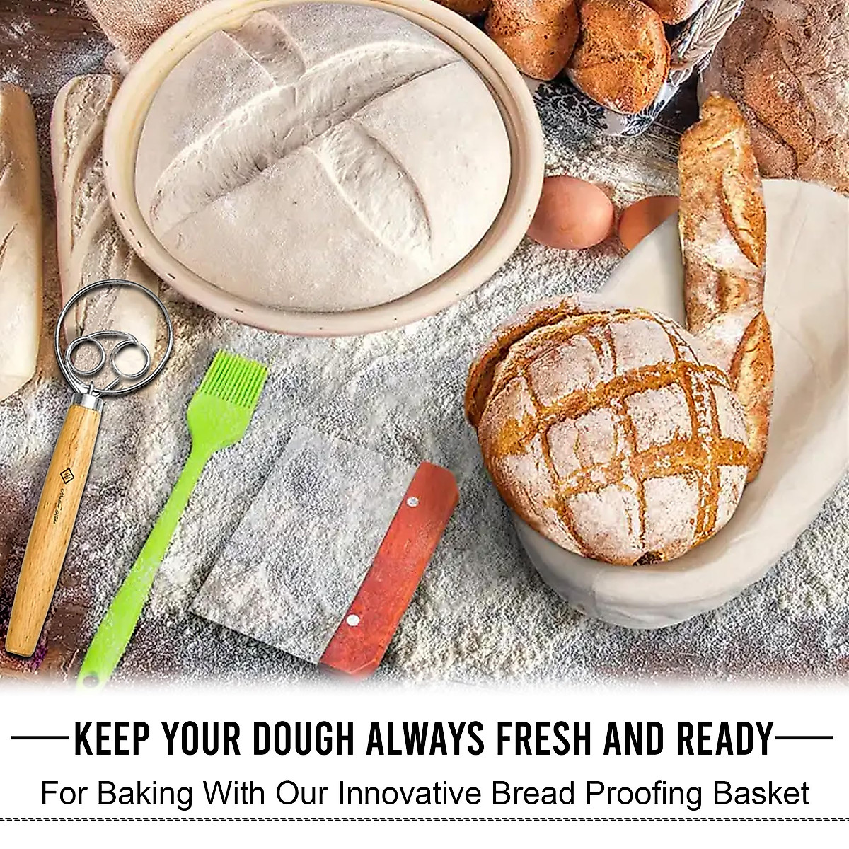Nestled Niche Bread Proofing Basket, Tools and Accessories with Bread Bowls for Rising and Baking, Cane Wicker Banneton and Round Bread Scraper