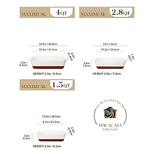 MALACASA Casserole Dishes for Oven, Ceramic Baking Dishes Set of 3, Baking Pan Casserole Dish Set, Rectangular Lasagna Pan Deep with Handles for Baking, Khaki White (14.5''/13''/10.5''), Series TARA
