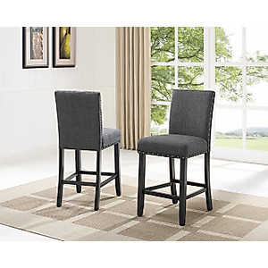 Roundhill Furniture Biony Gray Fabric Counter Height Stools with Nailhead Trim, Set of 2 Biony Fabric Counter Height Dining Bench with Nailhead Trim, Grey