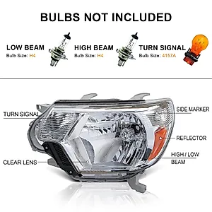 Dreenfl Anti-misting Headlight Assemblies Fit For 2012 2013 2014 2015 Toyota Tacoma 12 13 14 15 Tacoma Front Light Headlamp Driver And Passenger Side (Chrome Housing Amber Reflector)