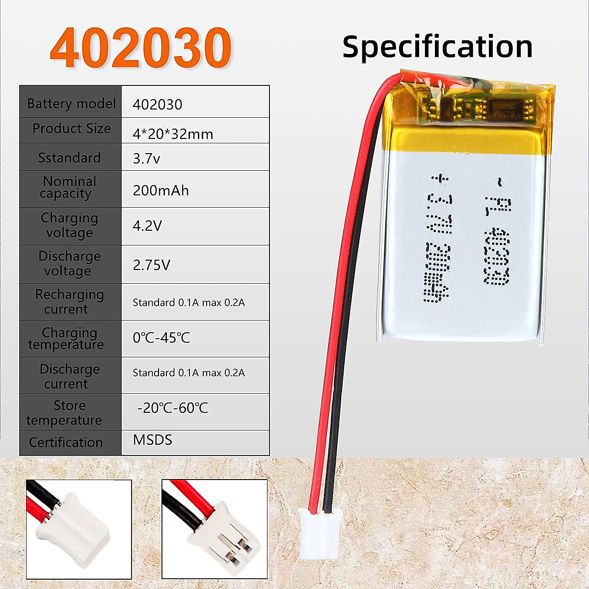 AKZYTUE 3.7V 180mAh 402030 Lipo Battery Rechargeable Lithium Polymer ion Battery Pack with PH2.0mm JST Connector