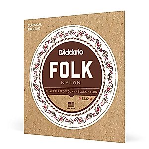 D'Addario Guitar Strings - Folk Nylon Guitar Strings - EJ32 Classical Guitar Strings - Nylon Core, Ball End - Silver Plated Wrap, Black Nylon Trebles
