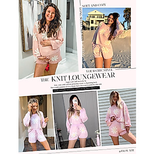 Ekouaer Knit Pajamas Set for Women Lounge Sets Long Sleeve Sweatsuit Matching 2 Piece Outfits Cute Sweater Sets Floral Pink M