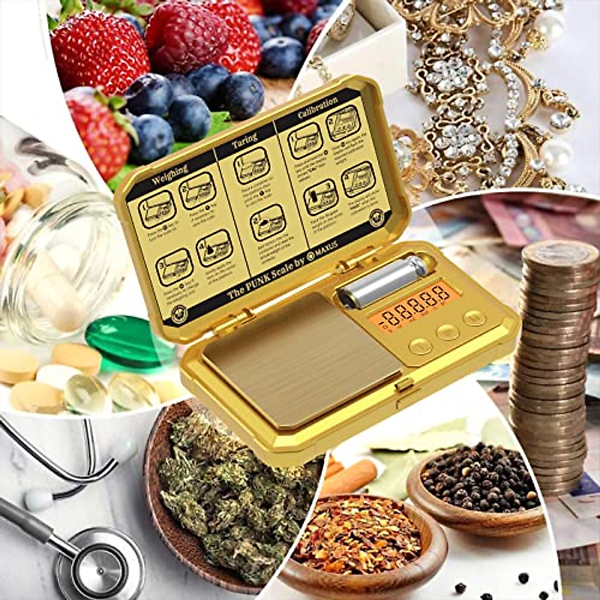 MAXUS Steampunk Digital Scale 200g x 0.01g Precision with 50g Calibration Weight. Golden, Skull-Embossed, Backlit LCD, Stainless Steel Platform for Food or Items.