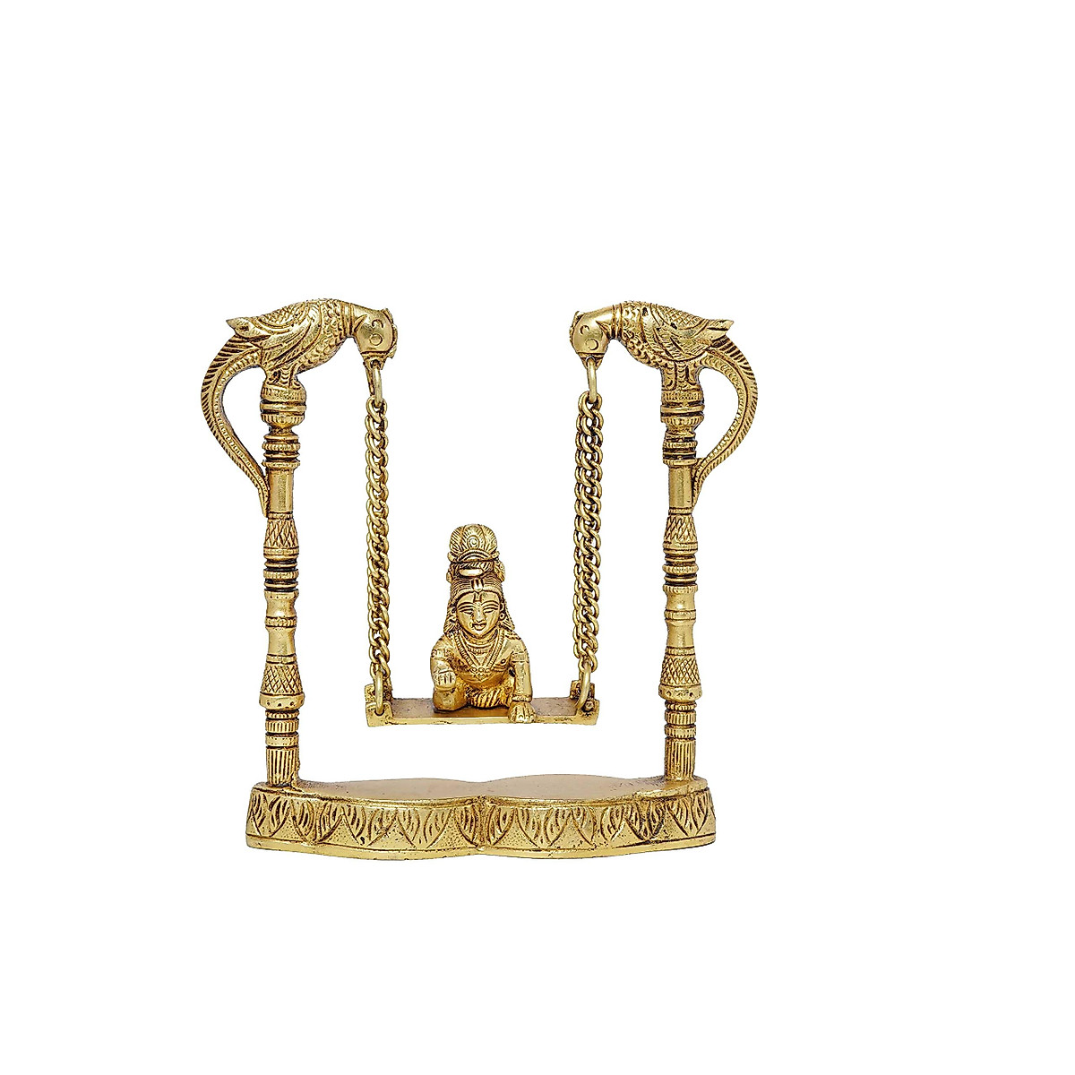 Brass Laddu Gopal Swing Krishna Jhula with Parrot Pillar| Krishna Swing Statue | Handmade Krishna Jhoola Murti | for Home Decor |HomeDecoRatio, Height:8 inches ,Length:6.5 inches ,Width 2 inches