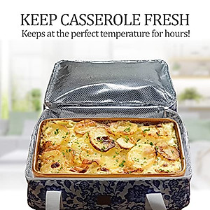 Whites Grove Casserole Carrier, Large Insulated Casserole carrier for hot or cold food, Insulated casserole carrier 9''x13''Lasagna Lugger Tote for Potluck, blue casserole carrier