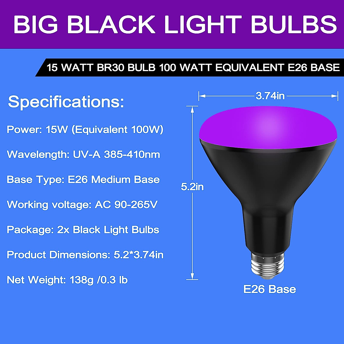 BR30 UV Black Light Bulbs 2 Pack for Glow Party -15W (100w Equivalent) E26 UVA 385-410 nm, Big LED Blacklight Flood Light Bulb for Room, Body Paints, Fluorescent Poster, Halloween, Blacklight Party