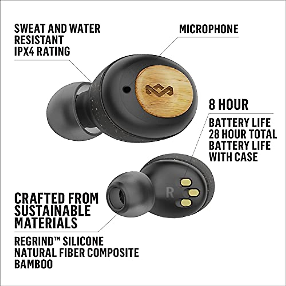 House of Marley Champion: True Wireless Earbuds with Microphone, Bluetooth Connectivity, 28 Hours Total Playtime, and Sustainable Materials