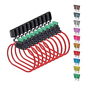 14 Gauge Fuse Holder ATC/ATO, SIM&NAT 10 Packs in-Line Automotive Blade Fuse Holder with 50PCS Standard Car Fuses, 1A 2A 3A / 4A 5A 7.5A 10A 15A 20A 30A Automotive Replacement Fuses