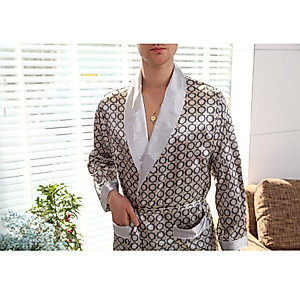 BridalAffair Men's Summer Luxurious Kimono Robe Soft Satin Bathrobe Long-Sleeve Nightgown Printed Pajamas Silver Gray, Large/X-Large