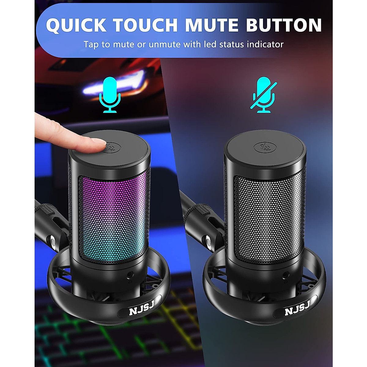 NJSJ USB Microphone for PC, Gaming Mic for PS4/ PS5/ Mac/Phone,Condenser Microphone with Touch Mute, RGB Lighting,Gain knob & Monitoring Jack for Streaming,Podcasting (with Desktop Stand, Black)