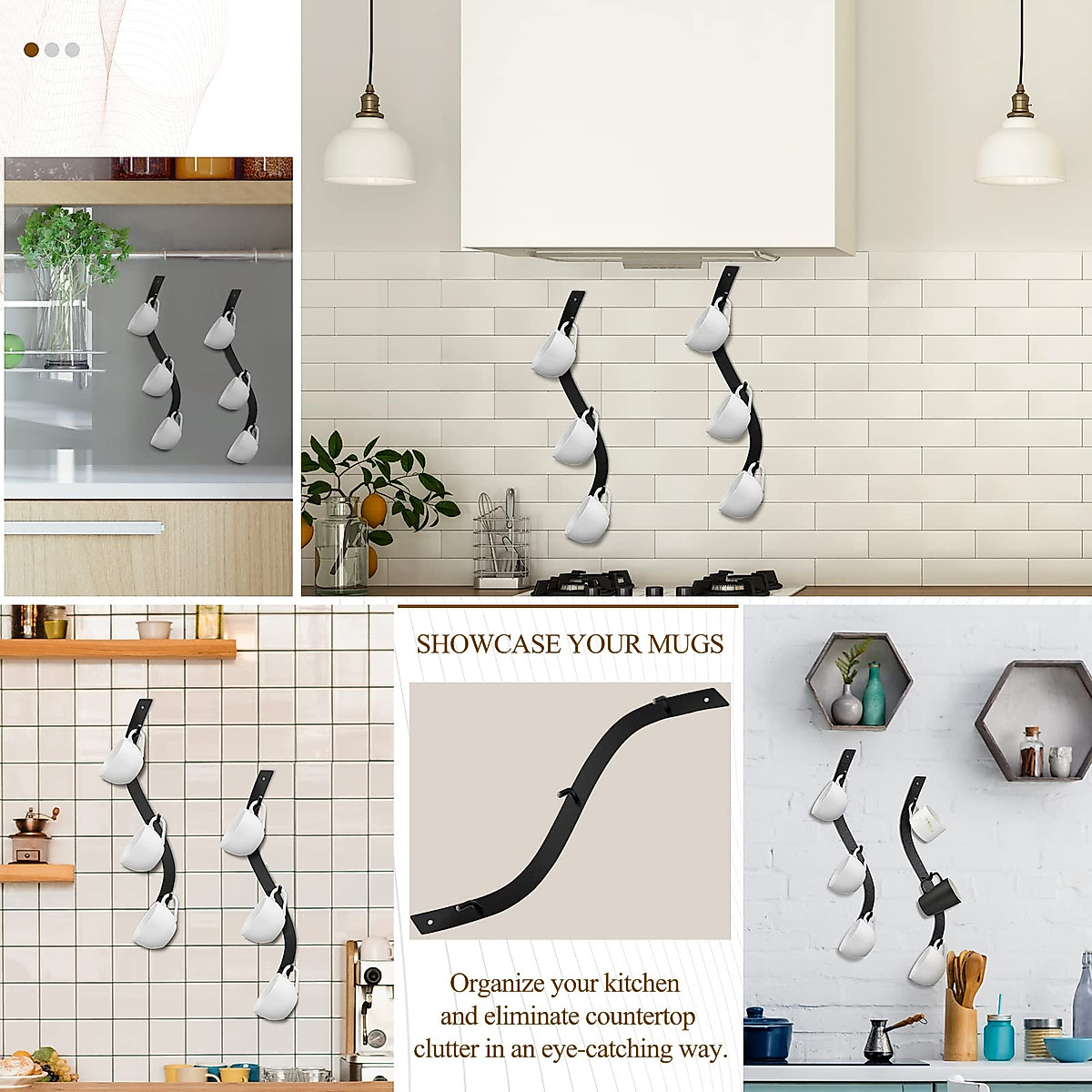 4 Pack Coffee Mug Wall Rack Mounted with 12 Hooks S Curve Metal Coffee Cup Rack Wall Hanging Holder for Coffee Bar Kitchen Coffee Corner Station Decor Display