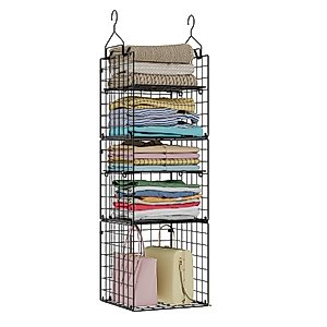 X-cosrack Hanging Closet Organizer and Storage - 5-Tier Closet Storage Organizer Baskets for Clothes & Adjustable Collapsible Metal Closet Hanging Organizer Shelves for Sweaters Shoes Handbags
