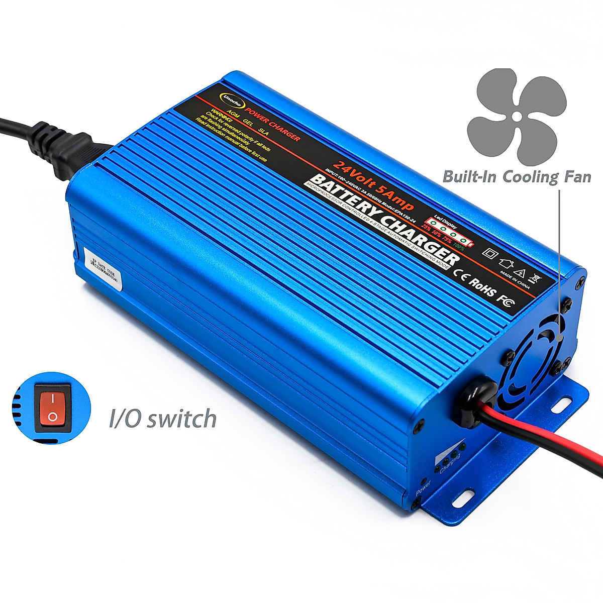 Unocho 24 Volt Battery Charger Smart Fully Automatic Battery Charger maintainer trickle Charger 5A car Battery Charger 3-pin XLR Alligator Connector with I/O Switch