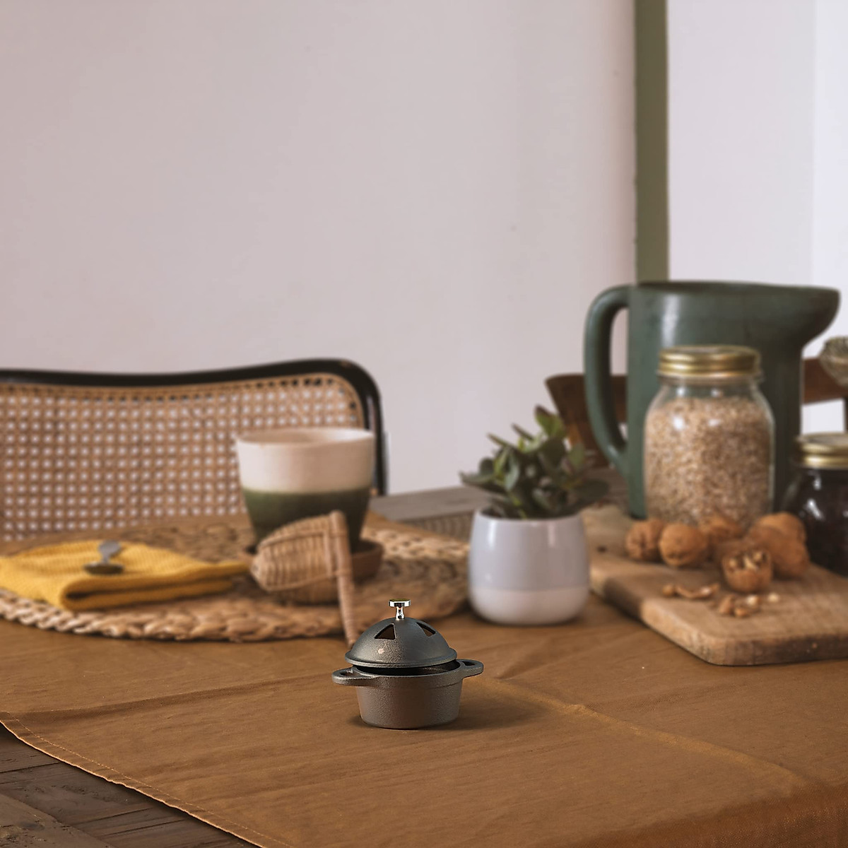 Garlic Roaster Baker, Cast Iron Dutch Oven Pre-Seasoned, Mini Cocotte, 1 Cup Capacity, Black, Ramekin with Lid, for BBQ Grill or Oven, by Bazaar LM-ents (Dome Lid)