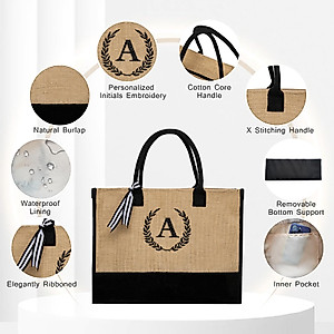 CRSTAFU Beach Tote Bag with Zipper, Burlap Tote Bag for Women, Personalized Monogrammed Birthday Gifts for Women, Bolsos de Mujer with Exquisite Initials Embroidery Pattern (M)