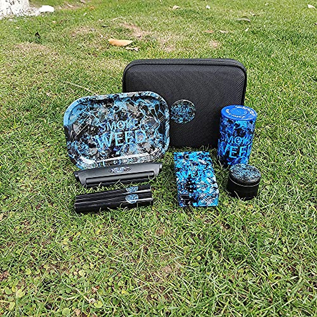 8.86 inches Metal Herb Grinder Rolling Tray Set, Bring a suitcase Premium Grinder, Blue