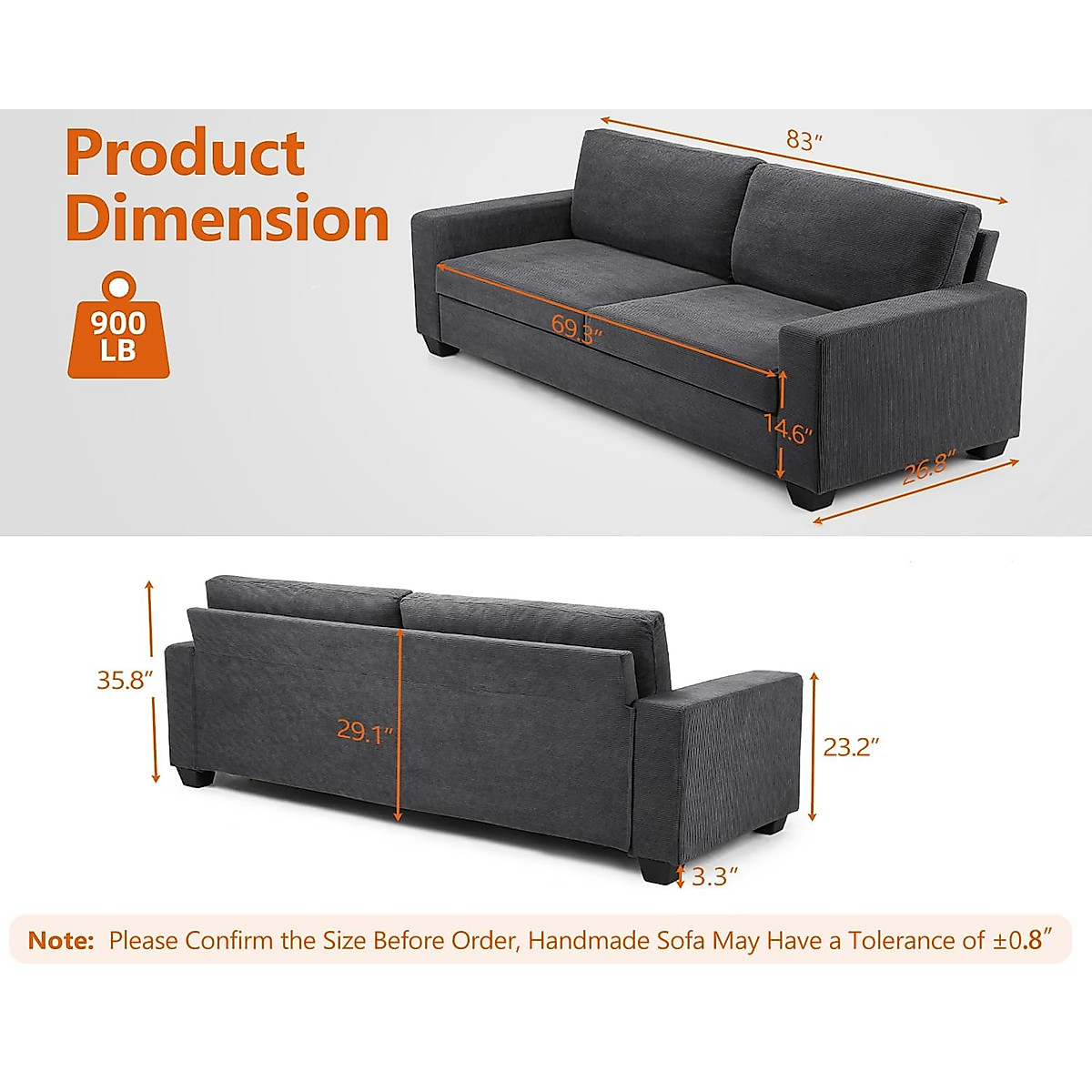 SUNNYFURN 83 Inch Couch for Living Room Sofa, 3 Seater 3 Seater Couch Modern Sofa Deep Couch, Corduroy Comfy Couch, Lounge Cozy Sofa for Living Room Apartment Small Space, Office,Dark Gray