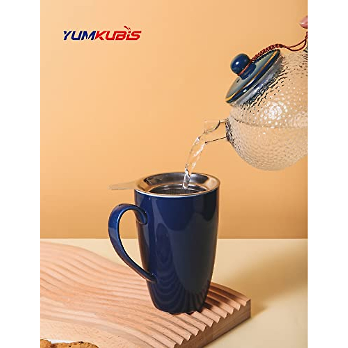 YumKubis Tea Cup with Infuser and Lid, 17 oz Large Tea Infuser Mug, Ceramic Tea Mug with 2 Lids, Tea Cups for Women, Men, Kids, Loose Tea, Gifts