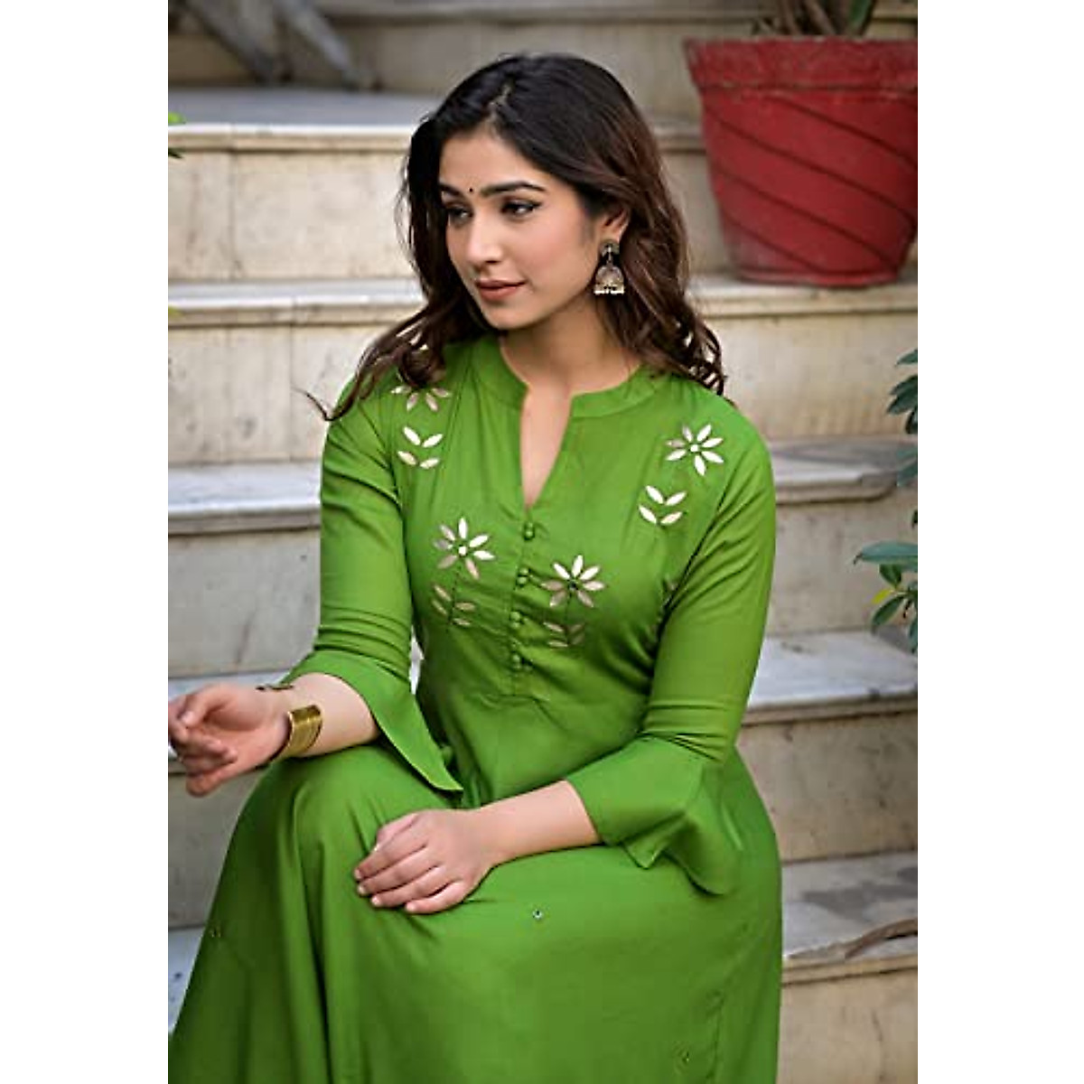 FIDOZA Women's Rayon Printed Anarkali Embroidery Kurti Dress | Pakistani Style Rayon Embroidery Kurti For Women | Ready to wear (Olive Green, M)