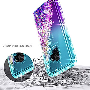 E-Began Case for Samsung Galaxy S9 with Screen Protector (Maximum Coverage, Flexible TPU Film), Ring Holder/Wrist Strap, Glitter Flowing Liquid Girls Women Kids Cute Case (Aqua/Purple)