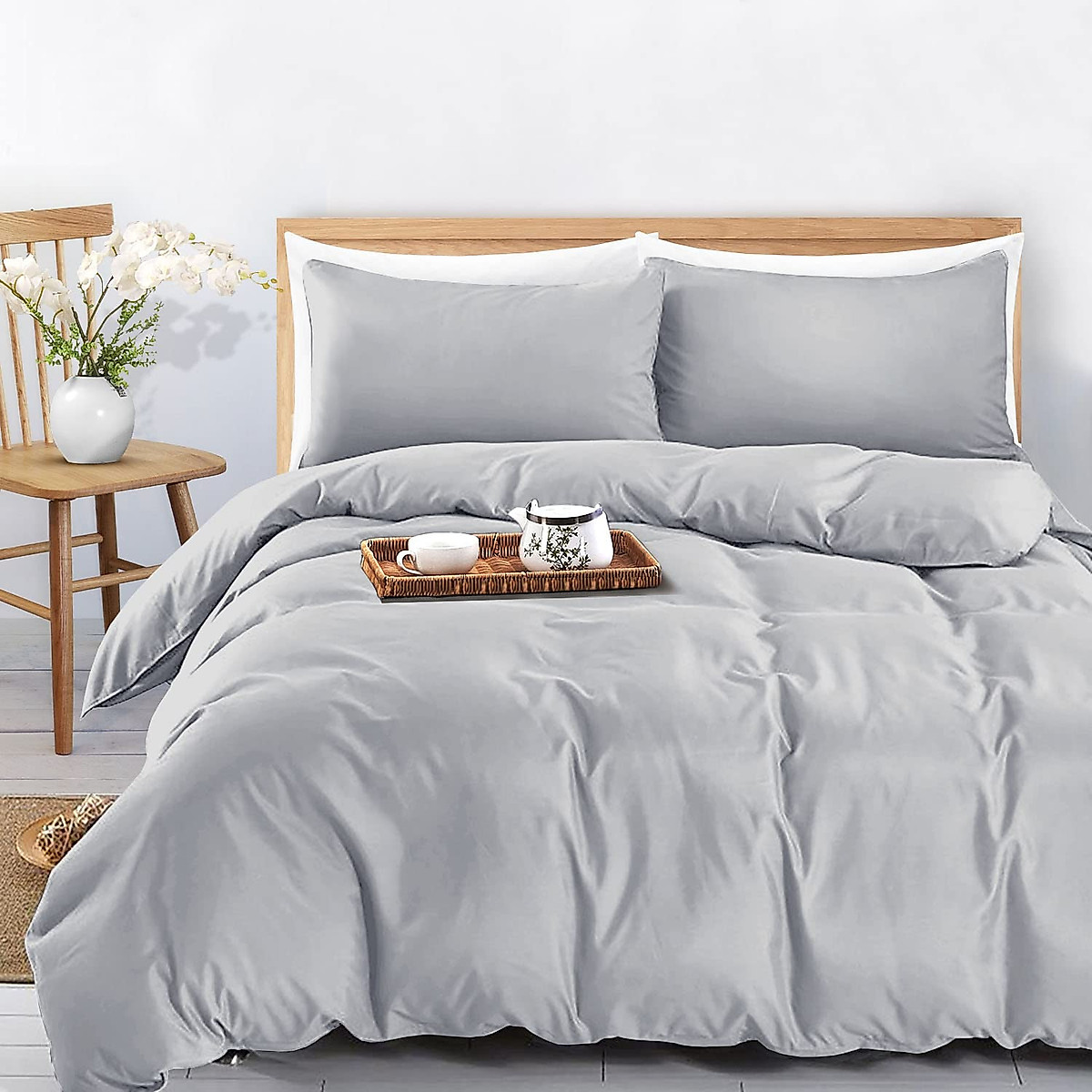 MOONLIGHT20015 Silver King Size Duvet Cover – Soft 3 Piece Double Brushed Microfiber Duvet Cover Set with Button Closure, 1 Duvet Cover King Size 104x90 inches and 2 Pillow Shams