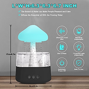 Cloud Rain Humidifier for Bedroom Water Drip Diffuser, Mushroom Diffuser, 450ml Cloud Humidifier Rain Drop,Cloud Diffuser with 7 Colors, Rain Sounds for Sleeping (08 Black)