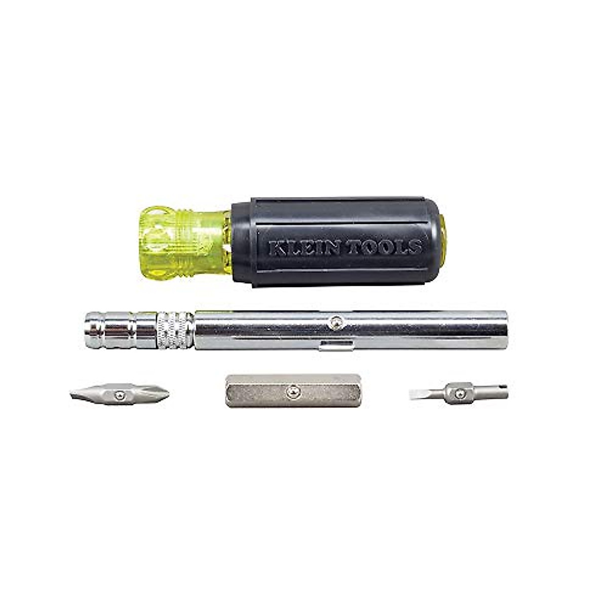 Klein Tools 32596 Multi-Bit Screwdriver /Nut Driver, Magnetic 8-in-1 HVAC Slide Drive Tool with Hex, Phillips, Schrader Bits, Nut Drivers