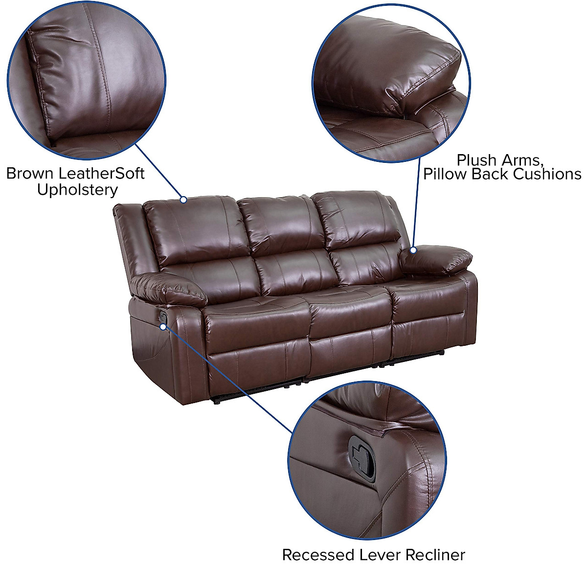 EMMA + OLIVER Brown LeatherSoft Sofa with Two Built-in Recliners