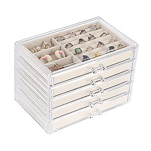 Cq acrylic Jewelry Organizer with 5 Drawers Clear Acrylic Jewelry Box Gift for Women Mens kids and Little Girl Stackable Velvet Earring Display Holder for Earrings Ring Bracelet Necklace Holder,Beige