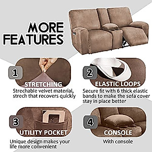 ULTICOR Reclining Love Seat with Middle Console Slipcover, 8-Piece Velvet Stretch Loveseat Reclining Sofa Covers, 2 seat Love seat Recliner Cover, Thick, Soft, Washable, Love seat Slipcovers (Sand)