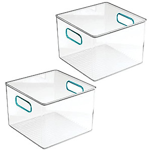 mDesign Plastic Storage Bin with Handles for Organizing Hand Soaps, Body Wash, Shampoos, Lotion, Conditioners, Hand Towels, Hair Accessories, Body Spray, Mouthwash - 8" Square, 2 Pack - Clear/Blue