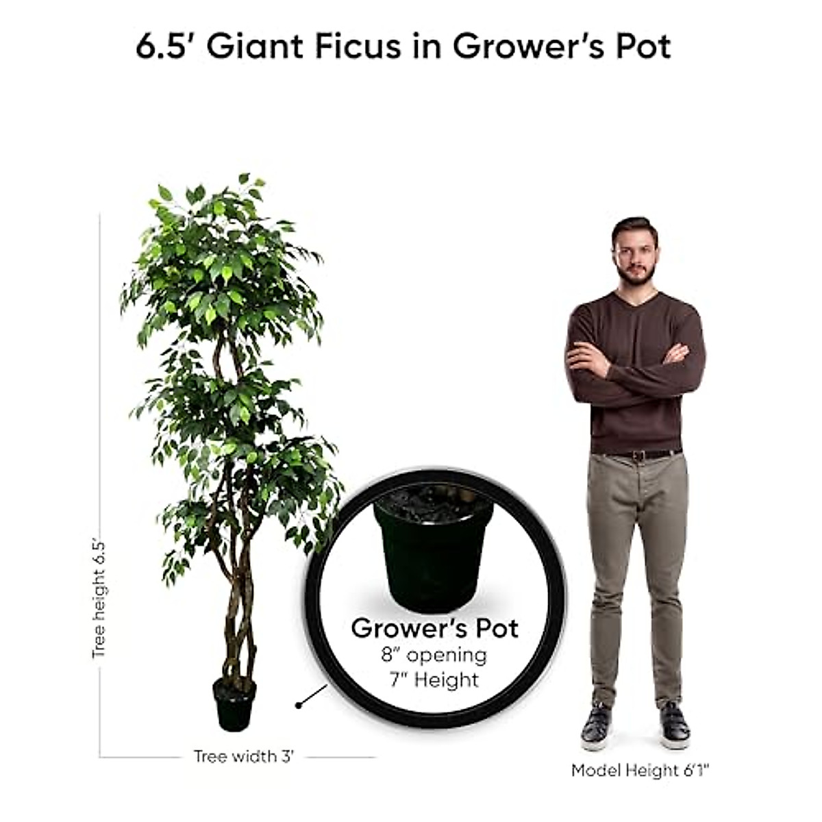 Hand-Made 6.5' Ficus Artificial Tree with Ethically Sourced Real Wood Trunks | Green | Cypress & Alabaster