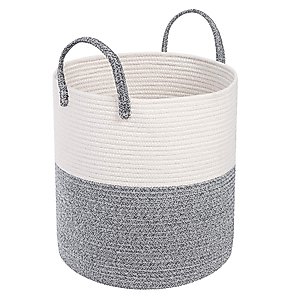 SONGMICS Woven Cotton Rope Basket, Toy Storage Bin with Handles, Blanket Storage for Pillows, Clothes in Living Room, Bedroom, Gray and Beige ULCB440G01