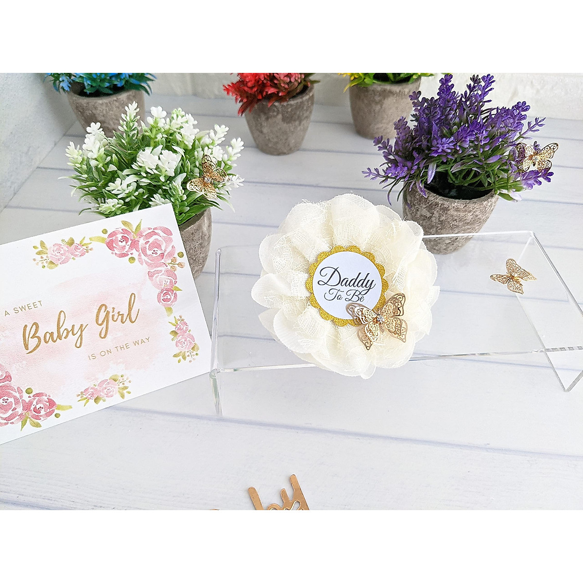 Daddy To Be Button | Dad To Be Pin| Gold Butterfly Baby Shower Ribbon | 3.5" Across | Ivory Lace Flower Corsage | Father To Be Keepsake Gift | Baby Sprinkle Pin